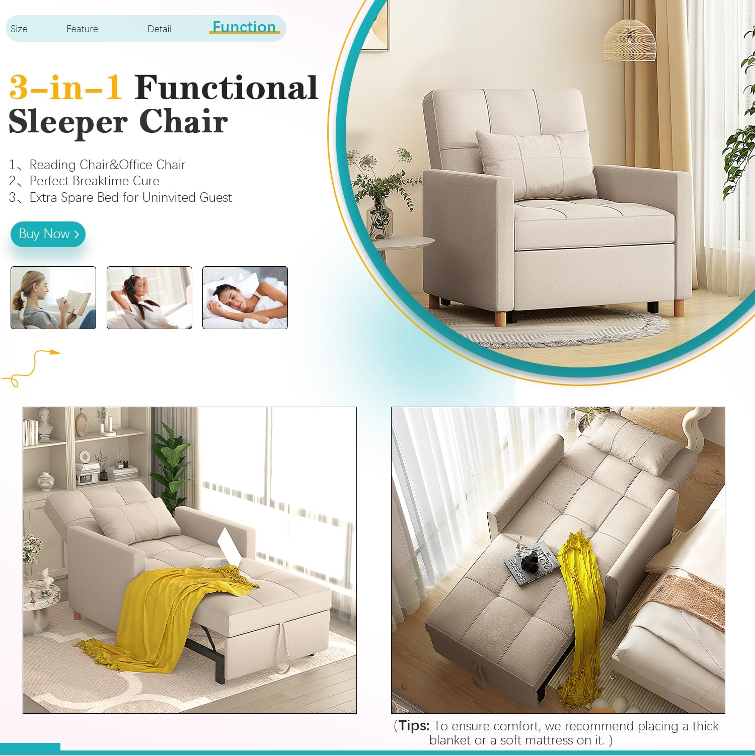 YODOLLA Sleeper Chair, 3 in 1 Chair Bed Sleeper for Adults, Fold Out Sofa Cama with Pillow and Convertible Backrest, Multi-Functional Couch Loveseat Reading Chair for Small Space, Beige