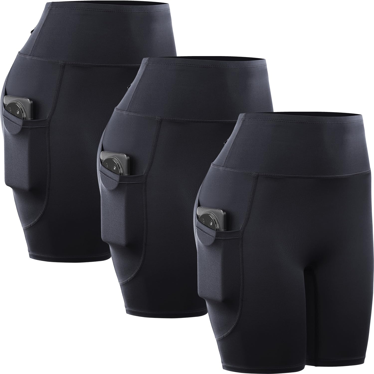 CADMUS 3 Pack High Waisted Shorts for Women 8" Workout Biker Shorts w Two Side Pockets,3044,Pack of 3,Black,Grey,Red,X-Large