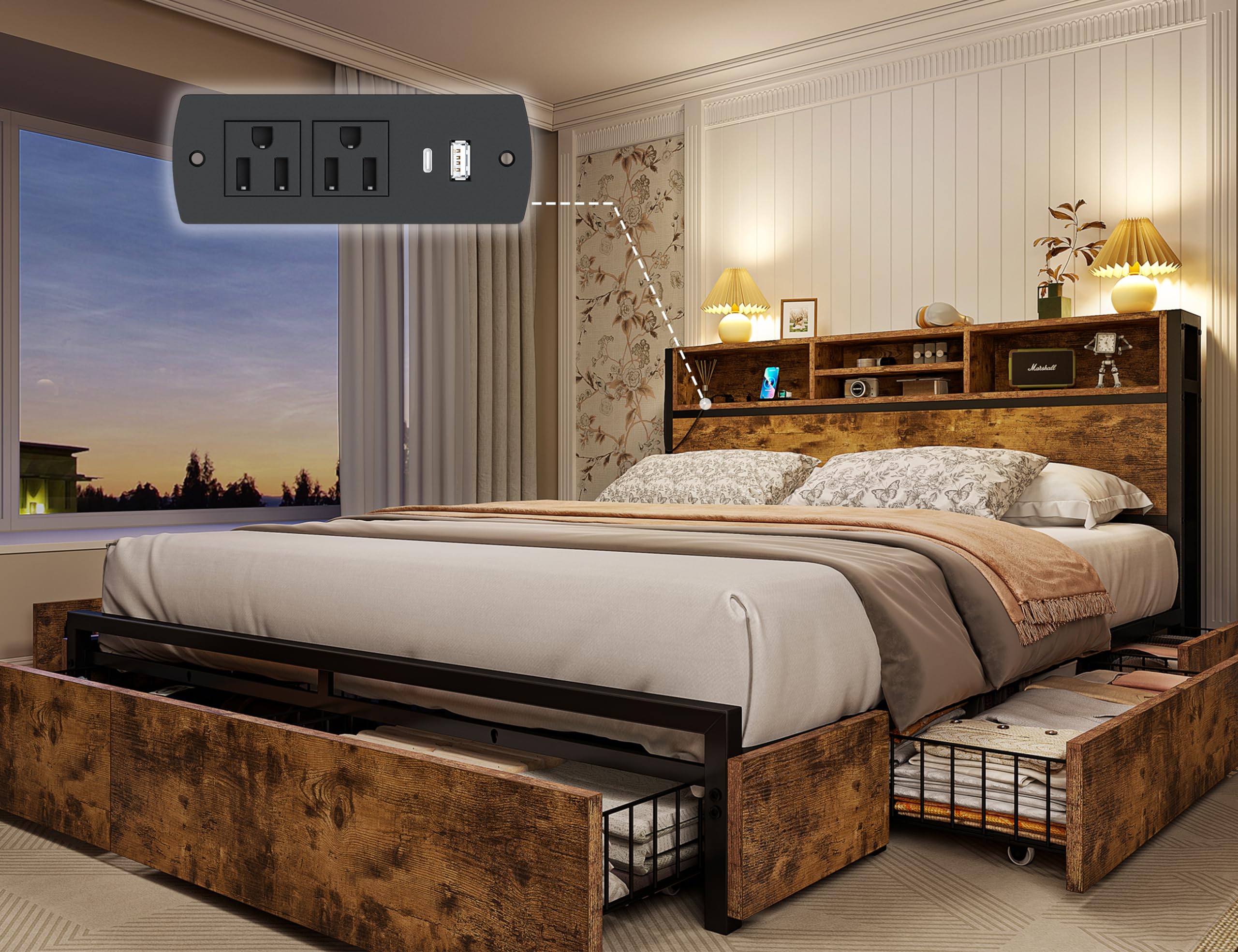 EnHomee Queen Bed Frame with 6 Storage Drawers Queen Bed Frame with Headboard Queen Size Bed Frame with Charging Station Queen Bed Frame with Storage No Noise,No Box Springs Needed,Vintage Brown