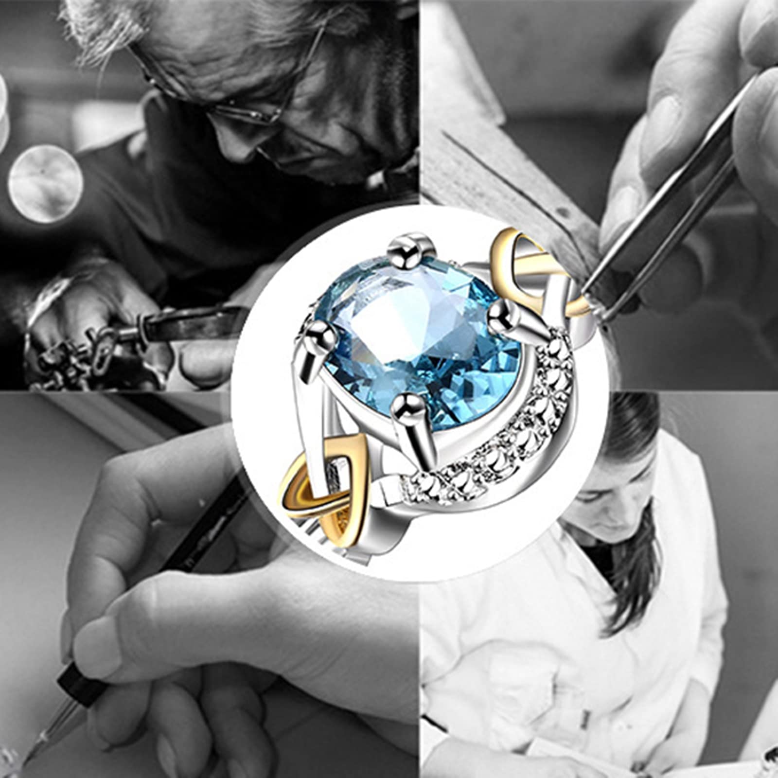Daesar Womens Engagement Rings, 18K White Gold Plated Ring For Women Oval Blue Cubic Zirconia Wedding Ring Knot Heart Ring Size 7