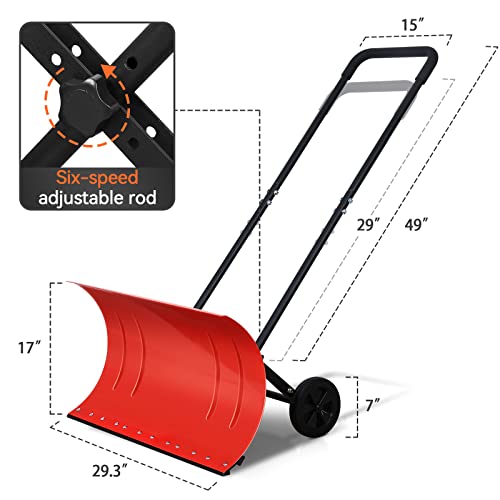 KioGro Metal Snow Shovel, Wheeled Snow Pusher Shovel with Adjustable Handle 30-Inch Heavy Duty Blade Snow Removal for Driveway, Decks, Sidewalks