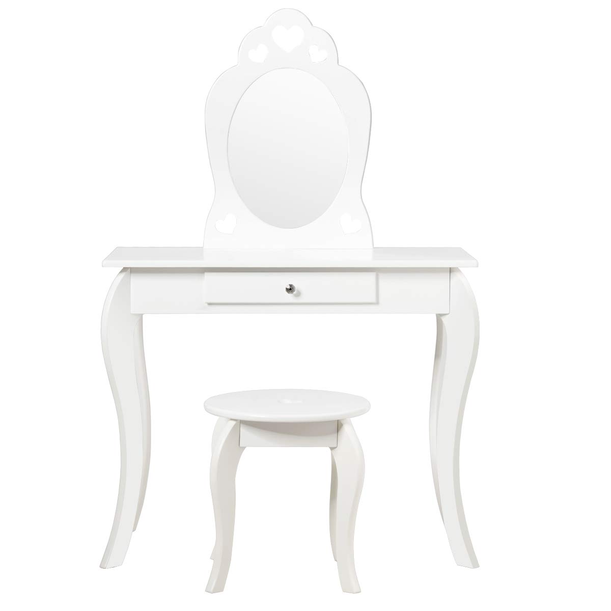 HONEY JOY Kids Vanity Set with Mirror, Toddler Wooden Vanity Table with Stool & Drawer, Removable Top, Princess Pretend Play Beauty Makeup Dressing Table Playset for Little Girls(White)