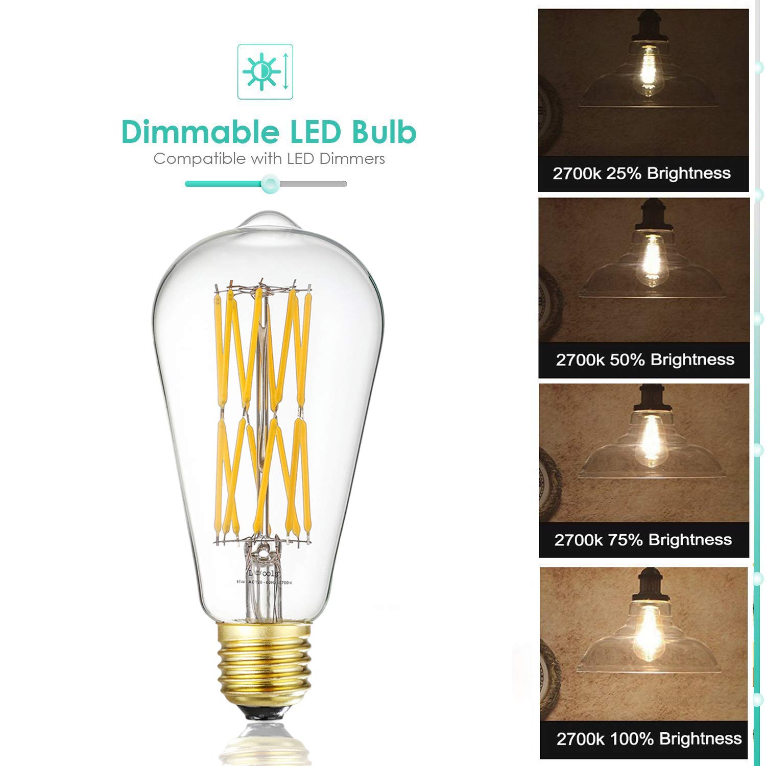 Leools Filament LED Edison Bulb 15W Dimmable 2700K Warm White 1300LM, 120W Incandescent Equivalent E26 Base, ST64 Vintage LED Filament Bulbs, 360 Degrees Beam Angle, Pack of 2