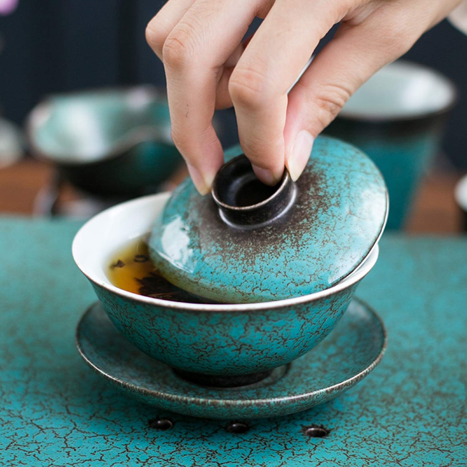 DehuaYao Chinese Traditional Green Porcelain Gaiwan ceramic Tea Cup(Tea Cup Comprised of Cup, Saucer and Lid )