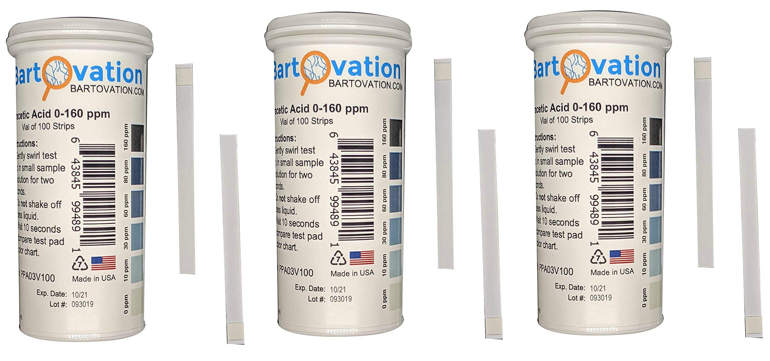 Peracetic Acid Test Strips, 0-160 ppm [3 Vials of 100 Strips, 300 Strips Total]