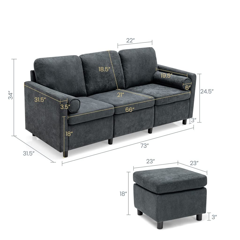 FANCUF Convertible Sectional Sofa 3 Seat L-Shape Couch Movable Ottoman Toweling Fabric