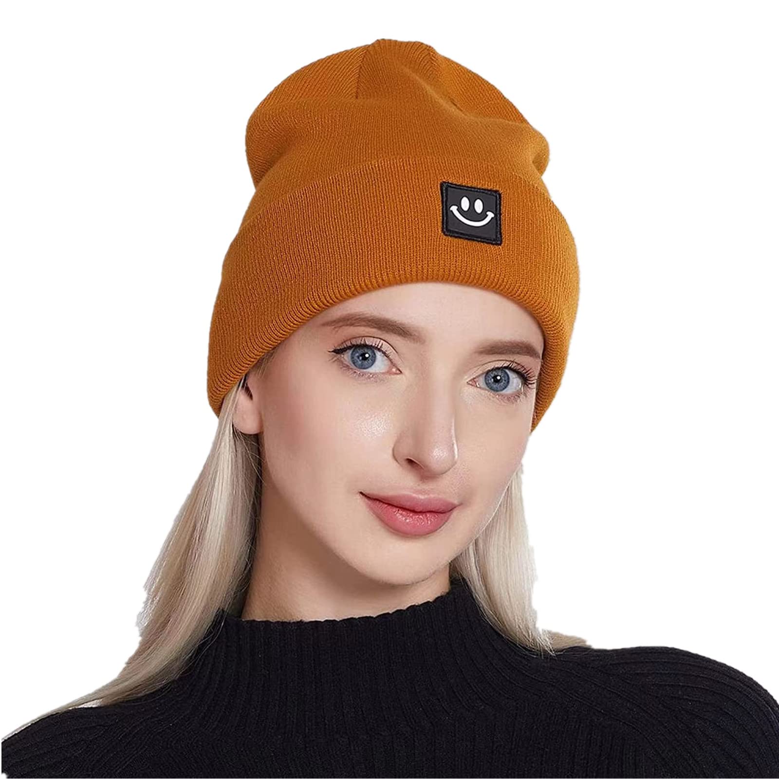 CAZYTOYZ Knit Beanie Hat for Men Women with Smile Face Embroidered Cuffed Slouchy Beanies Winter Warm Skull Hat Ski Hat Camel