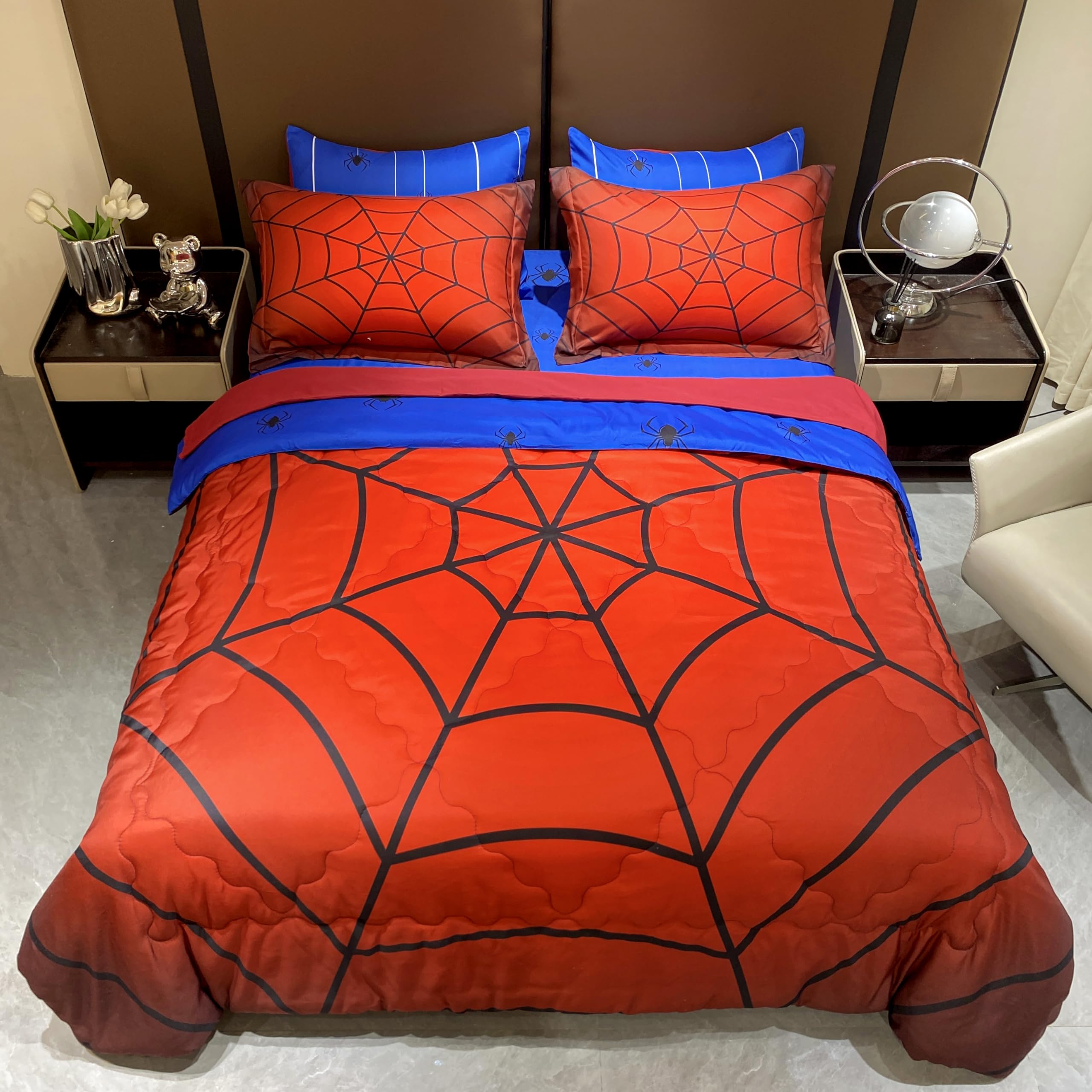 FAIRY KAARI Boys Spider Web Printed Comforter Set Bed in A Bag Twin Size 7PC Red Bedding Set for Teens Kids Boys (1 Comforter, 1 Flat Sheet 1 Fitted Sheet 2 Pillowcase and 2 Pillow Sham)