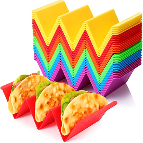 Nuogo 30 Pcs Colorful Disposable Taco Holder For Party Plastic Bulk Taco Stand Large Taco Tray Plates Hold 2 or 3 Tacos Each Rack Server for Party Dishwasher Microwave Safe