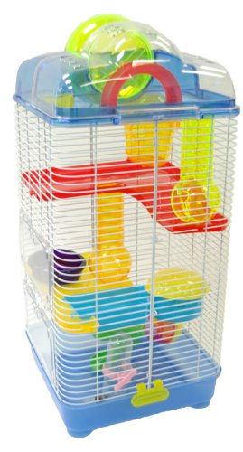 YML 3-Level Clear Plastic Dwarf Hamster Mice Cage with Ball on Top, Blue