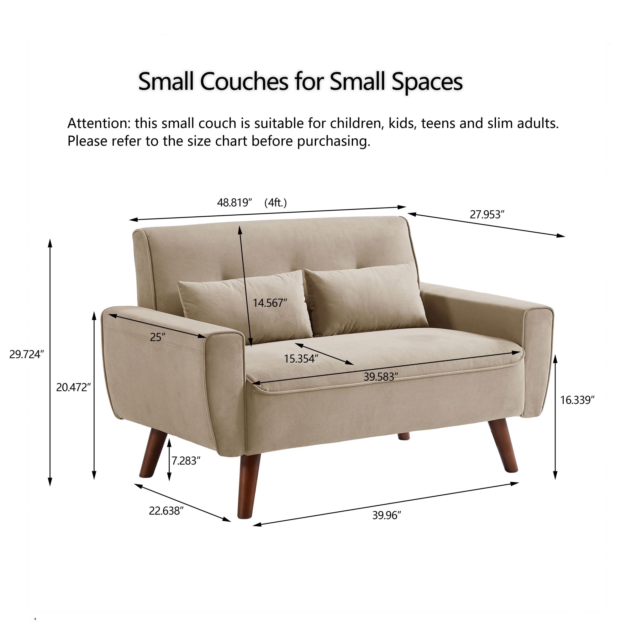 Enobala 49" Small Loveseat Sofa, 2 Seat Mid Century Love Seat Couch with Throw Pillows for Living Room, Apartment, Bedroom and Small Spaces
