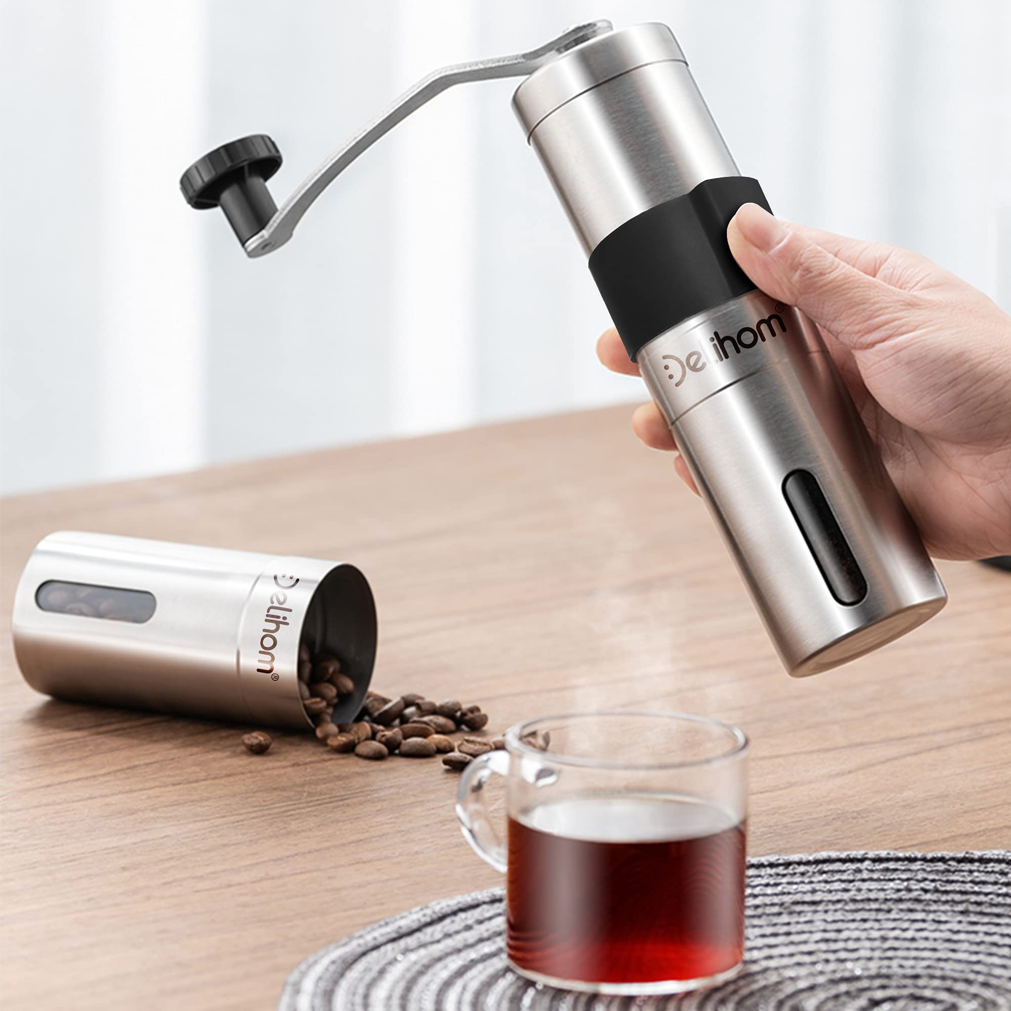 Delihom Manual Coffee Grinder, Hand Coffee Grinder with Adjustable Ceramic Burr for Drip Coffee, Espresso, French Press Used in Home and Travel (1.5oz)