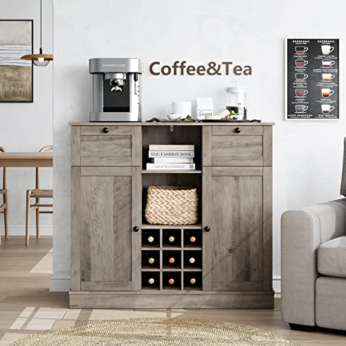 HOSTACK Buffet Sideboard Cabinet, Wine Bar Cabinet with Drawers and Removable Wine Rack, Coffee Bar Storage Cabinet with Shelves for Kitchen, Dining Room, Living Room, Ash Grey