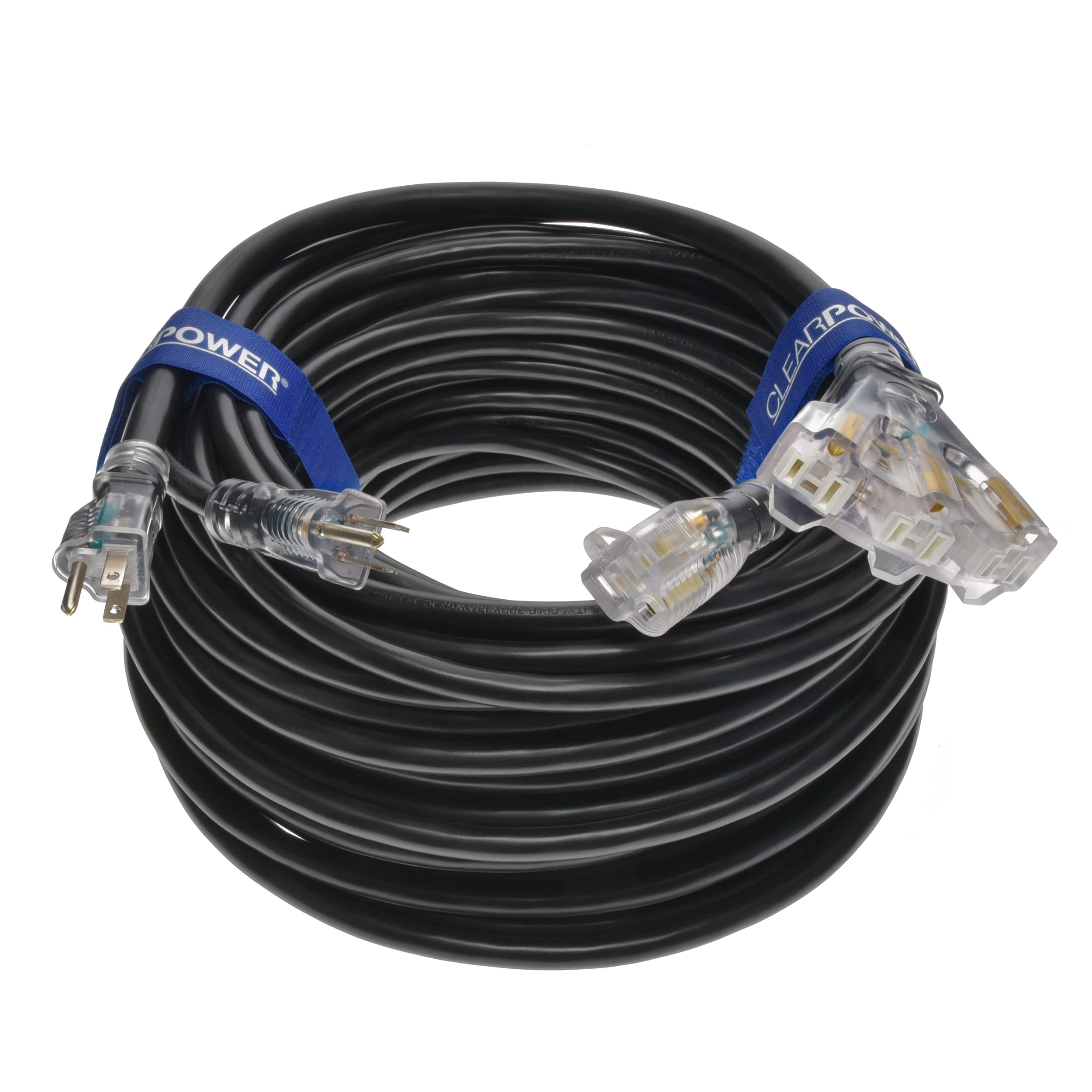 Clear Power Combo Pack 150ft 12/3 SJTW Black Outdoor Extension Cord w/Power Indicator Light & 2ft Black 3-Outlet Adapter w/Power Indicator Light, CP10223