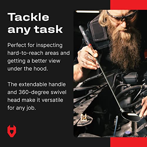 NoCry Heavy Duty Telescoping Inspection Mirror — 3.23 Inch Round Mirror on a Stick; 2-IN-1 Storage Pouch; Extendable Mirror up to 30in; Non-Slip Handle; 360° Inspection Mirror Telescoping Swivel Head
