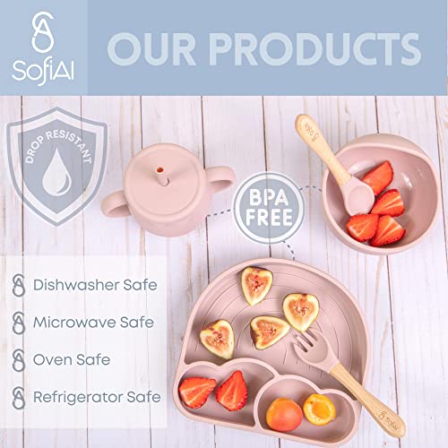 SofiAl Baby Led Weaning Supplies - Silicone Baby Feeding Set - Suction Bowl Divided Plate Bib Spoon Fork Straw Sippy Cup - Toddler Self Feeding Utensils - Infant First Stage Blw Dish 6 Months β 11pcs