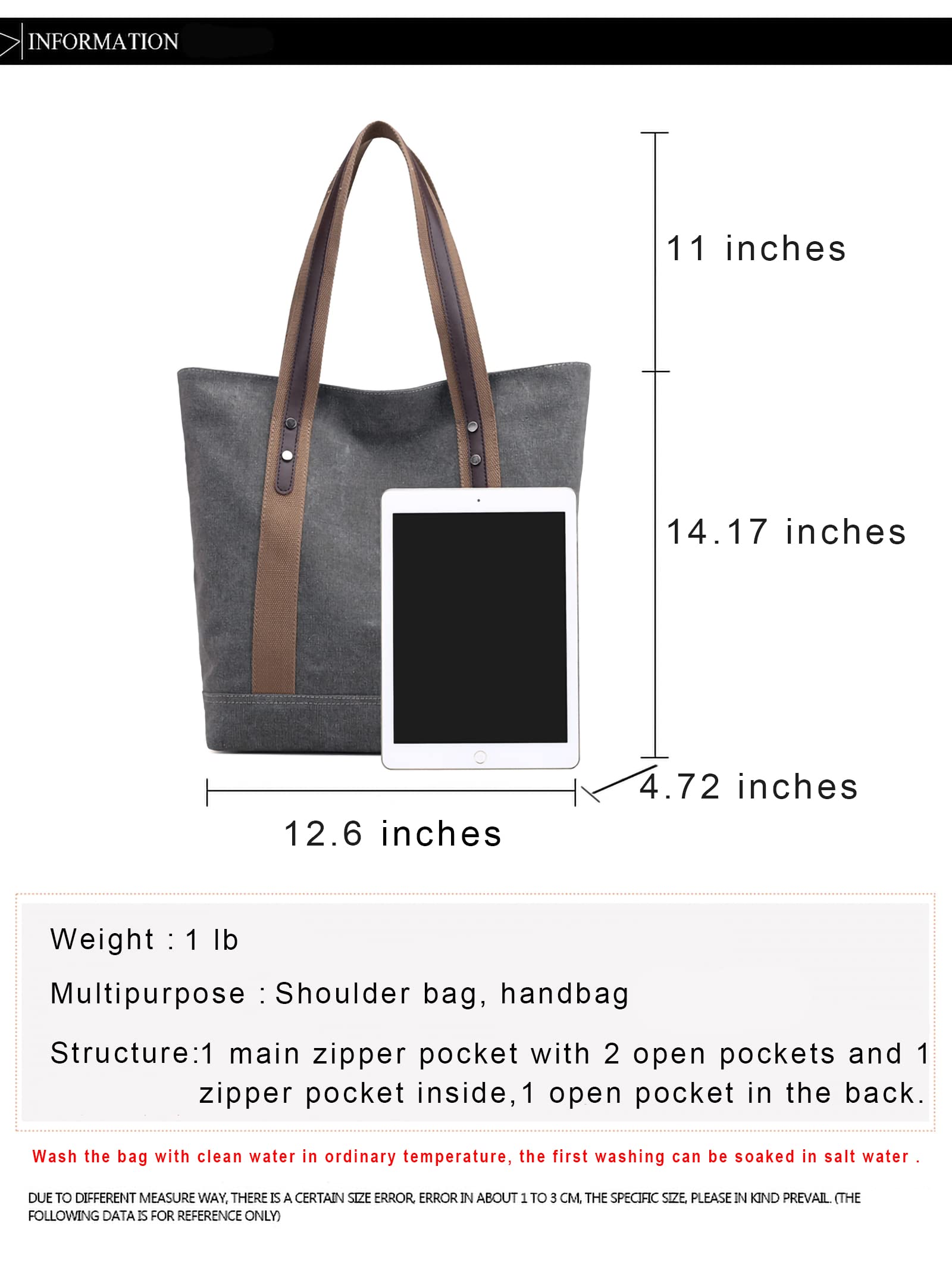 Eamom large vintage bags for women canvas tote bag with zipper shoulder purses and handbags (Grey)