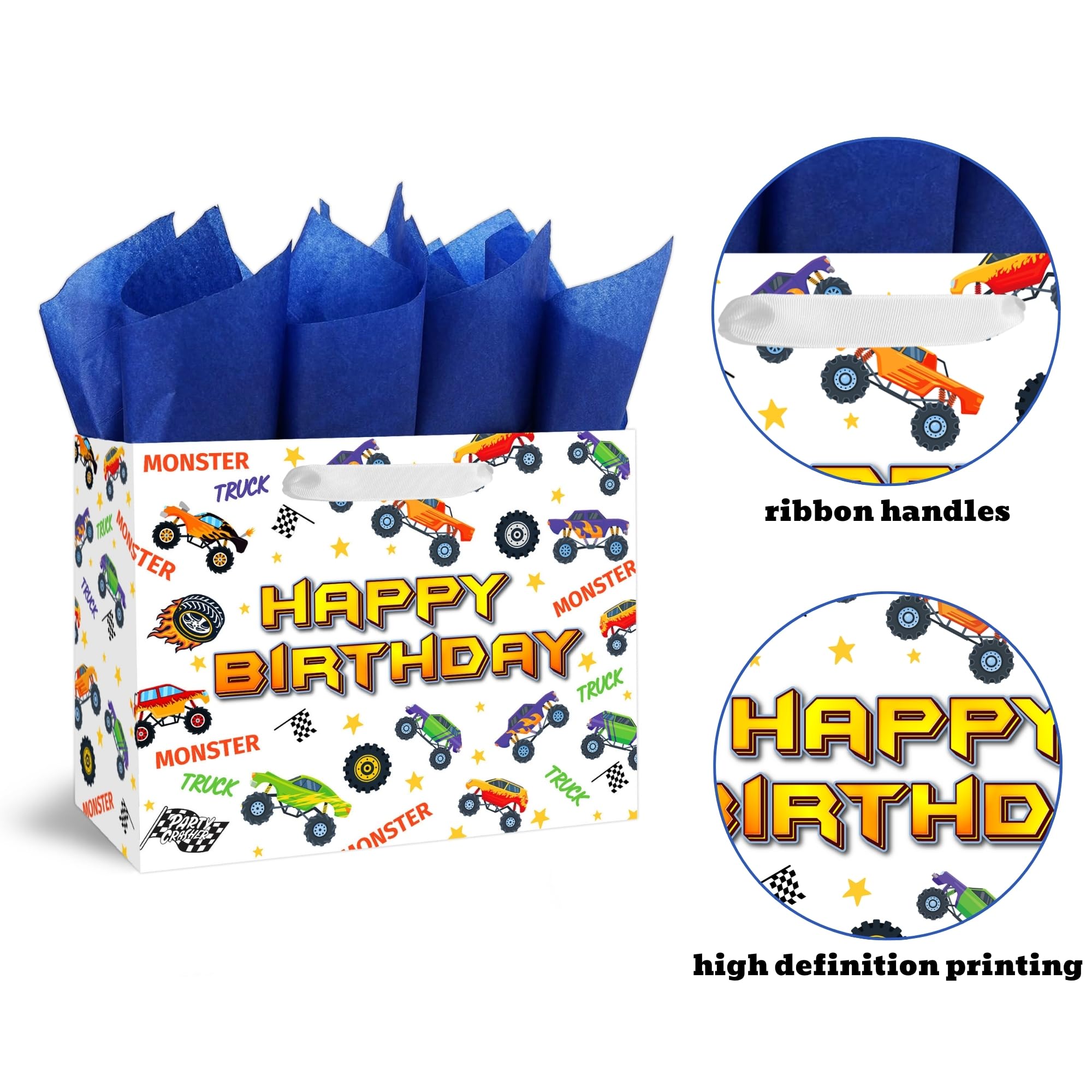 Generic Large 13"" Monster Truck Birthday Gift Bag with Handles, Card, and Tissue Paper for Boys, Car Themed