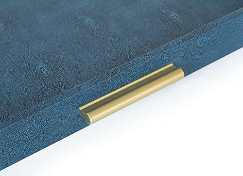 HofferRuffer Extra Large Square Serving Tray, Elegant Faux Leather Ottoman Tray with Gold Hardware Handles, Serve Tea, Coffee or Breakfast in Bed, 24 x 24 inches (Navy Blue Shagreen)