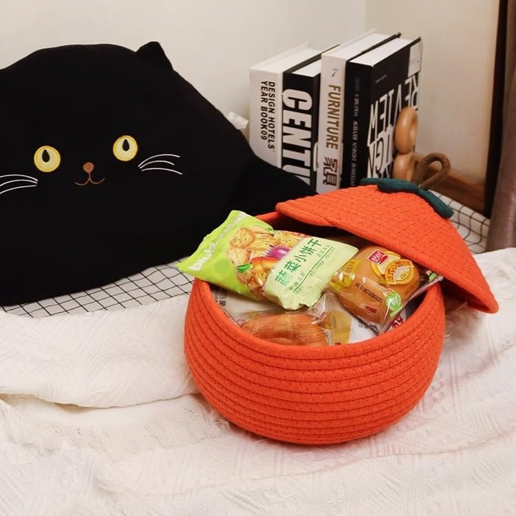 Halloween Pumpkin Basket with Lid,Pumpkin Basket,2024 New Halloween Pumpkin Treat Buckets Gift Basket,Candy Basket Decorative Cute Basket(L)