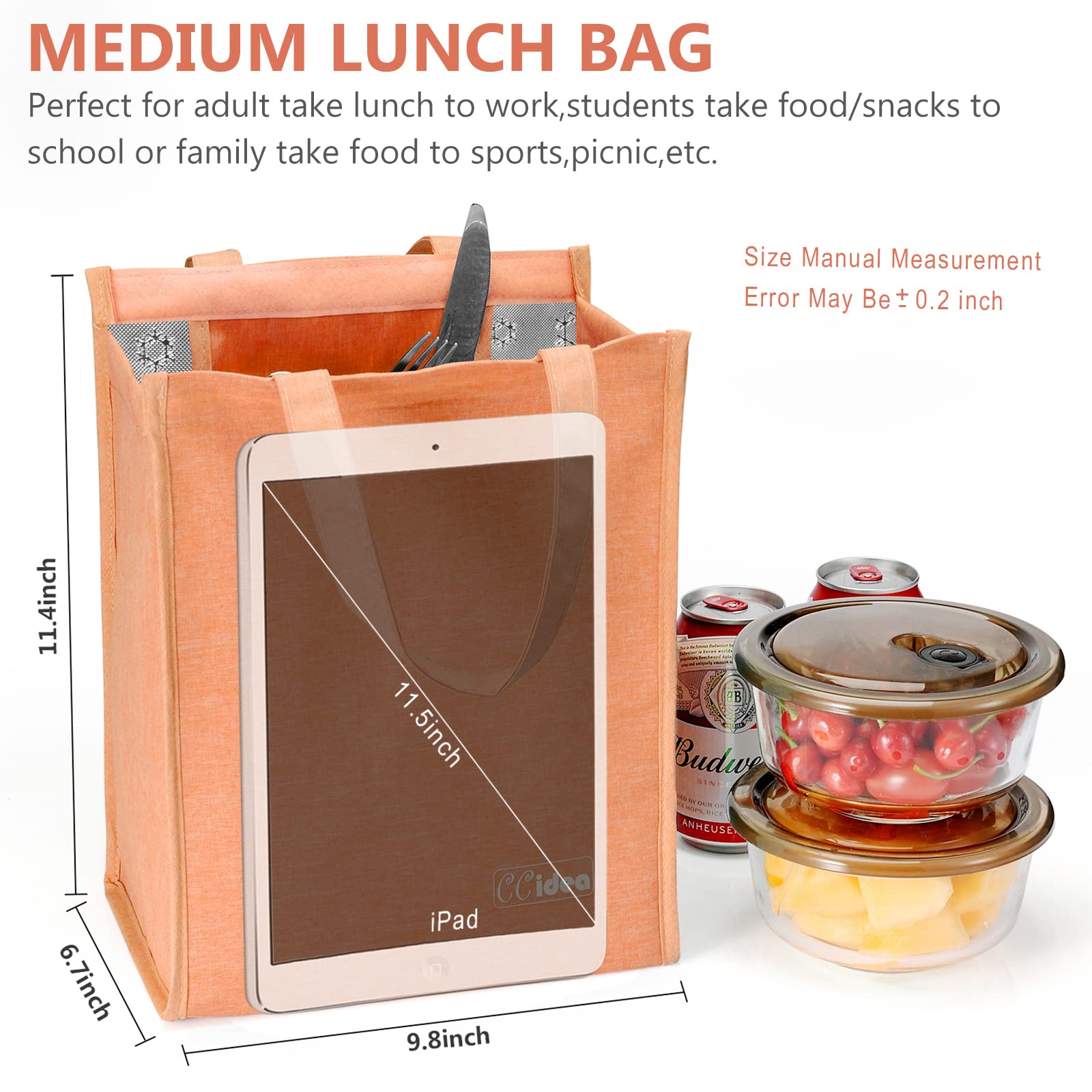 CCidea Lunch Bag for Women Men,Simple Insulated Lunch Box, Reusable Lunch Boxes for Work Travel(Inulin with Velcro)