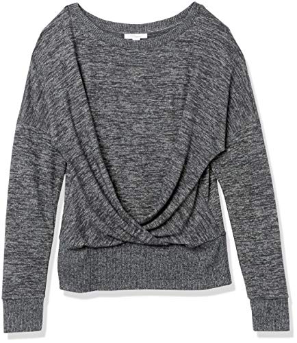Daily Ritual Women's Cozy Knit Pleat Front Draped Sweatshirt, Black Marl, Small