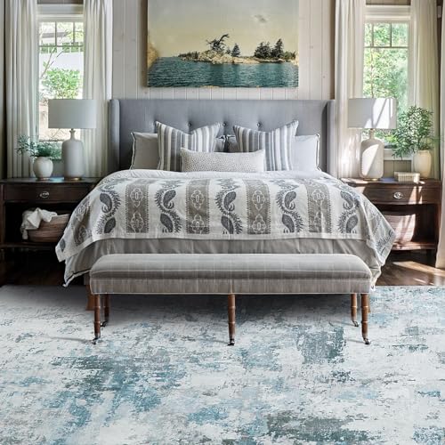HOMBYS 10x14 ft Modern Abstract Area Rug for Living Room Bedroom, Large Floor Carpet with Non-Slip Backing for Indoor Office Dining Room, Boho Home Deco, Blue, Machine Washable