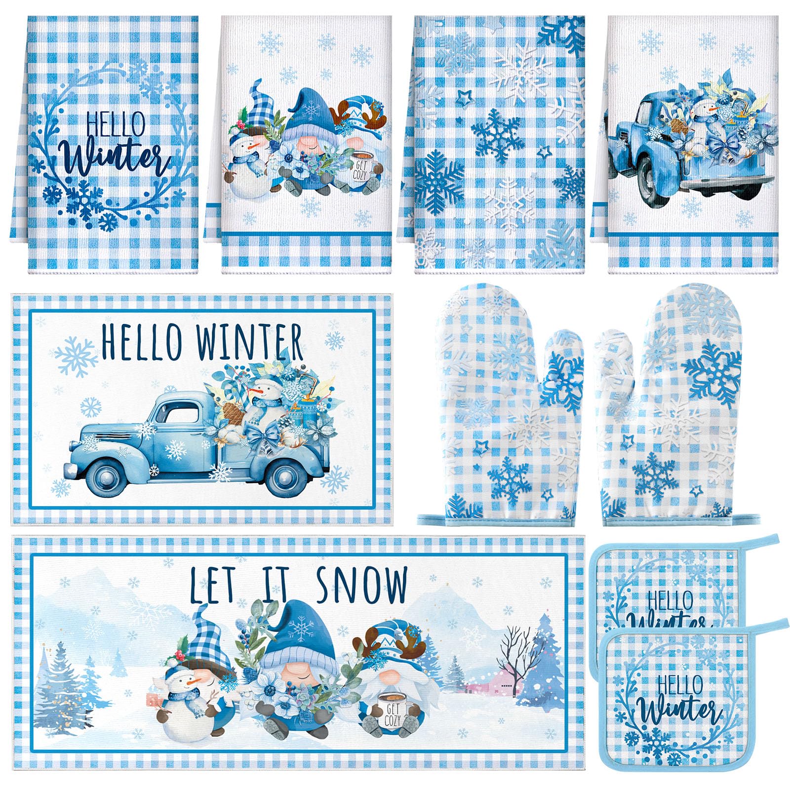 Fanfanwin 10 Pcs Christmas Winter Oven Mitts Pot Holders Kitchen Rug and Towel Set Wonderland Absorbent Kitchen Towels for Baking Cooking BBQ Gifts Kitchen Decor
