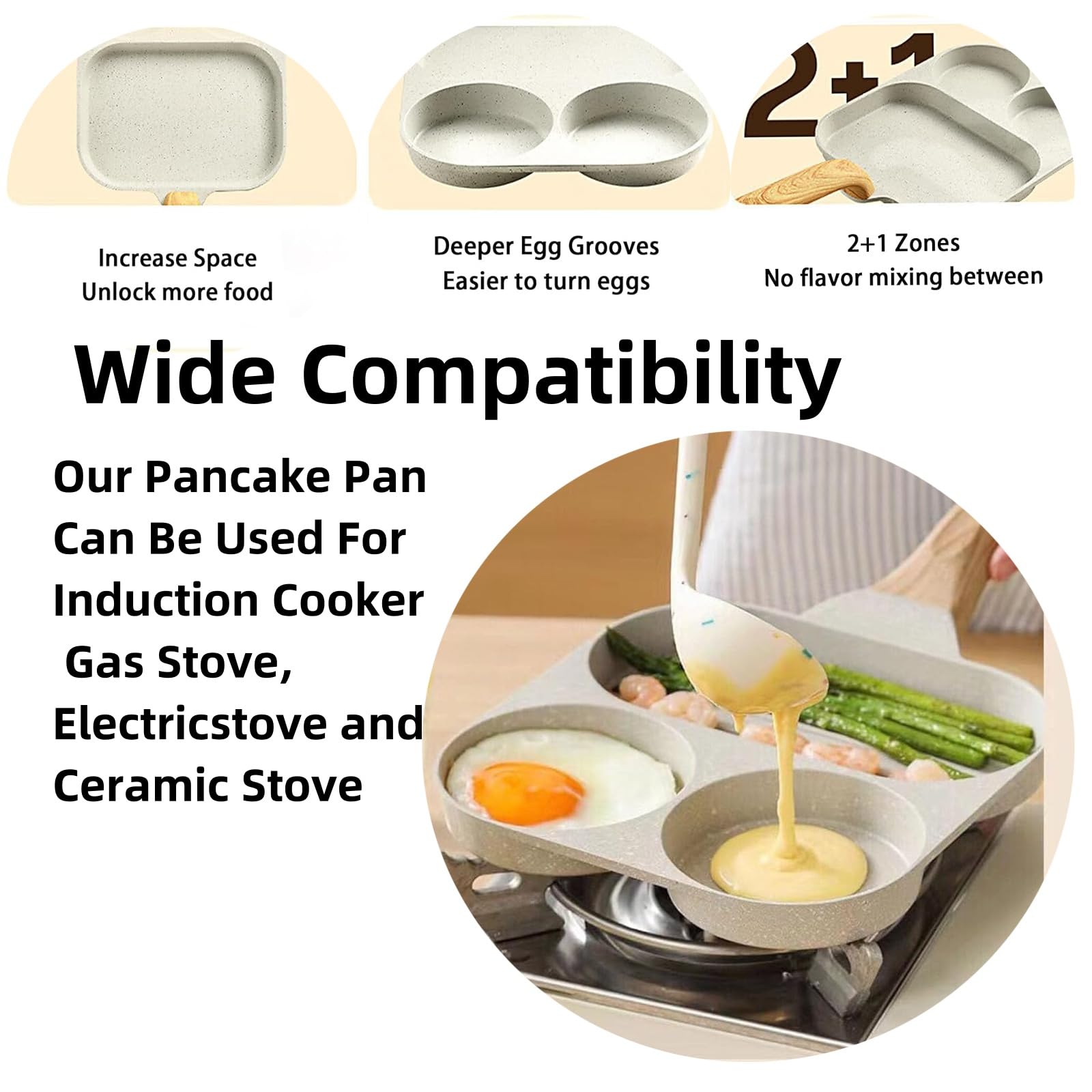 Generic Medical Stone Non-Stick Frying Pan for Breakfast,3 in 1 Egg Pan, Divided Grill Frying Pan,Crepes,Mini Pancake Pan Universal, 7.4*8.6in, White