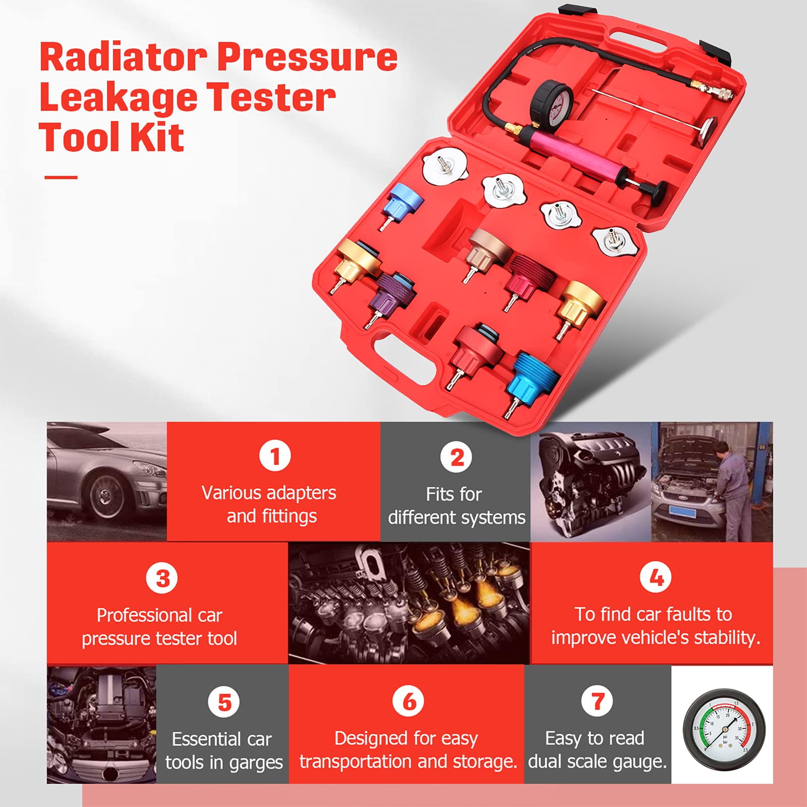 cciyu Radiator Pressure Leak Tester Vacuum Cooling Coolant System filler Kit Adapter Compression Storage Tools 14PCS Set Universal for Trucks, Cars, Motorcycle