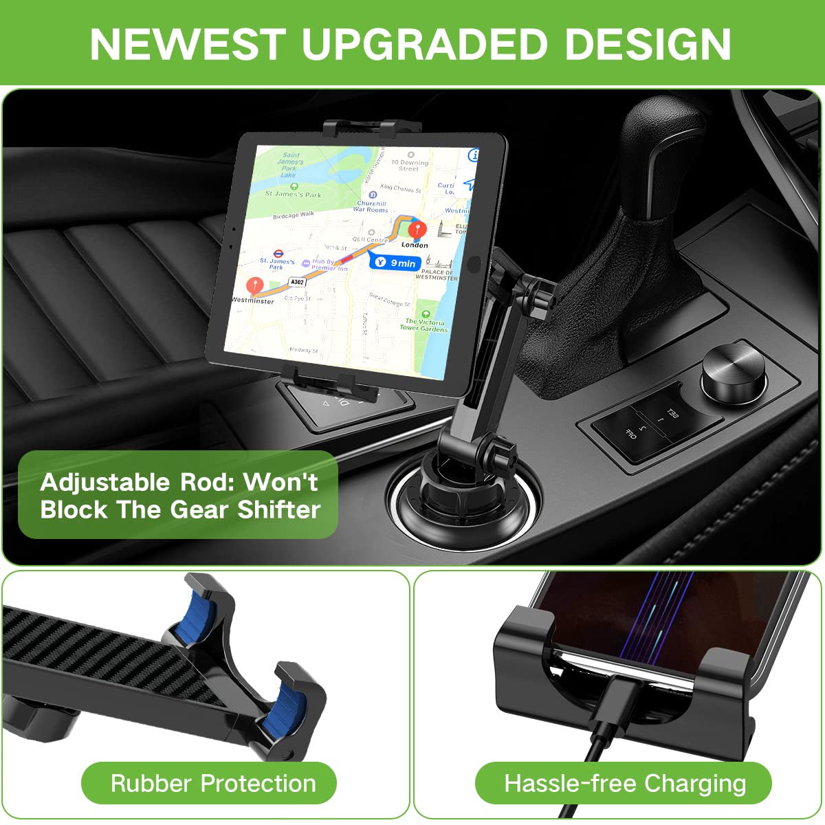 EOCAHO Tablet Holder for Car, 2-in-1 Cup Holder Tablet/Phone Mount, Adjustable Tablet Mount for Car Truck, Compatible with 4.7-13 inch Tabs, iPad, GPS Navigator, iPhone, Galaxy Z Fold 4, 3