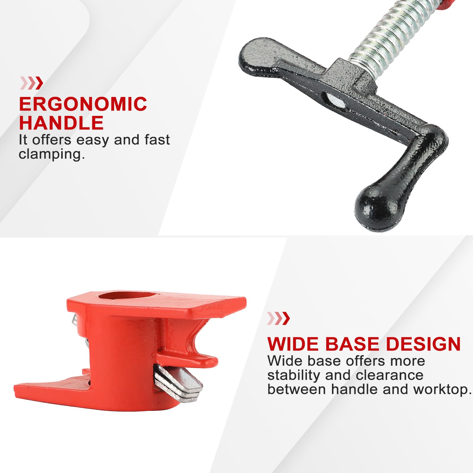 FLKQC 3/4" Wood Gluing Pipe Clamp Set with Unique Foot Design Red Heavy Duty Bar Clamps Cast Iron Quick Release Pipe Clamp Tools for Woodworking (6)
