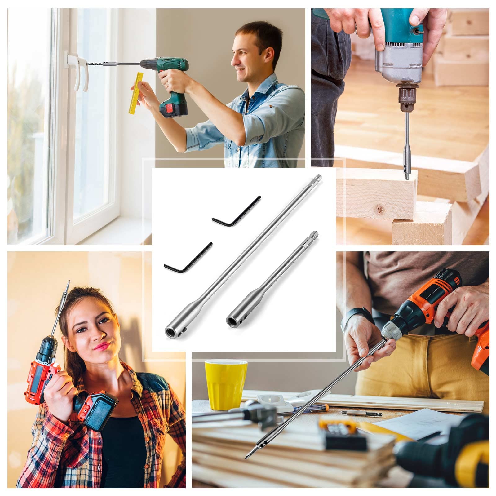 Drill Bit Extension Set,1/4 Extension Drill Bit Set Wood Spade Drill Bit Extension,6 in. and 12 in. Lengths for Extended Reach in Tight Spaces (Silver-4pieces)