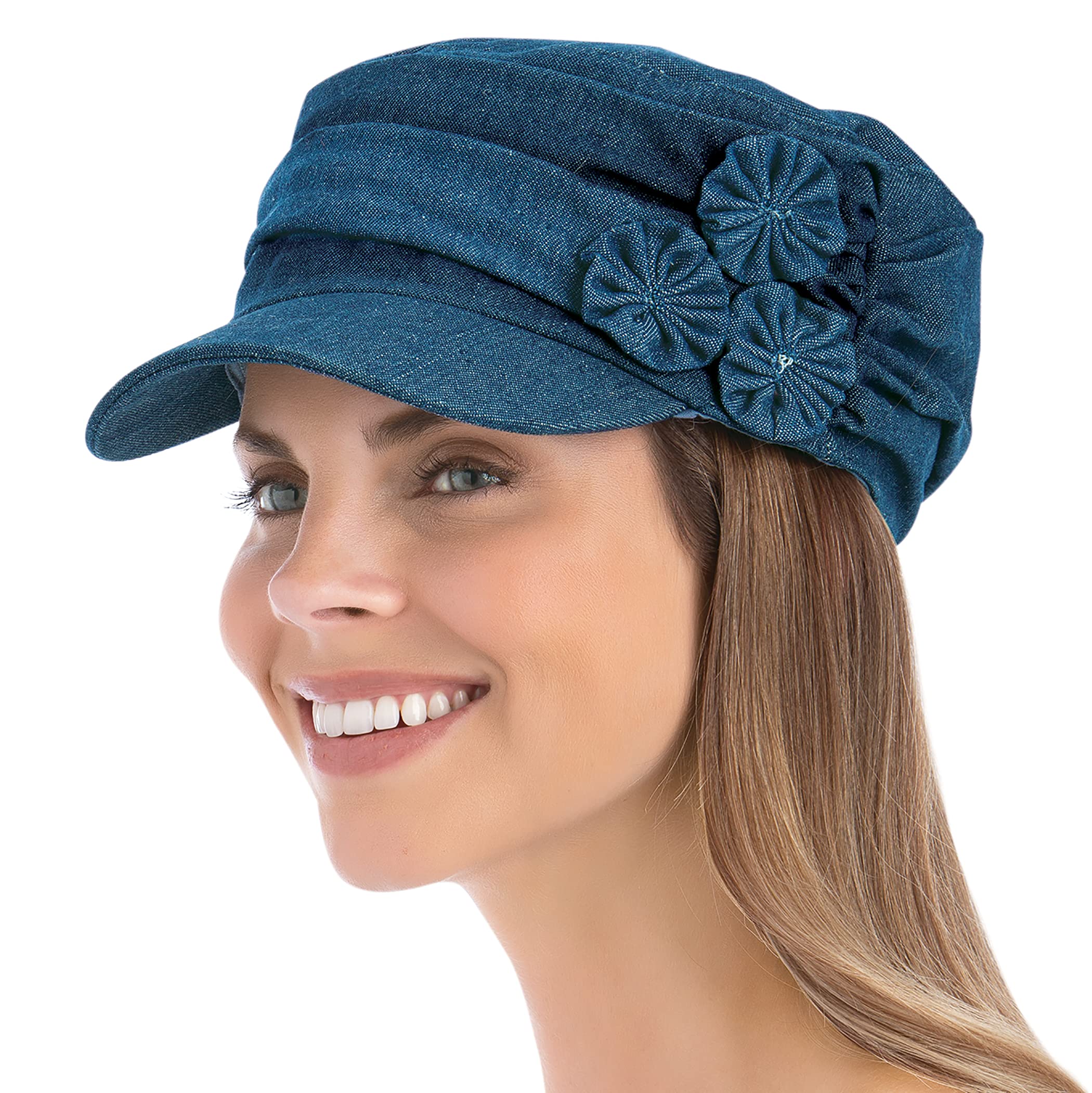 Collections Etc Womens Elasticized Floral Embellished Shirring Detail Hat | Soft Detailed Beanie Denim Blue