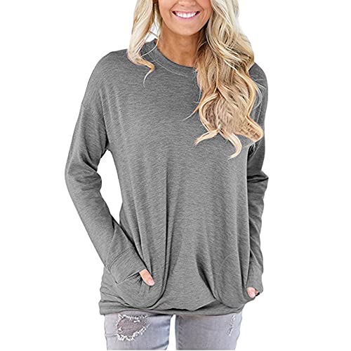 Drindf Women's Casual Loose Fit Tunic Tops Long Sleeve Comfy Pockets Sweatshirts Pullover Blouses Gray