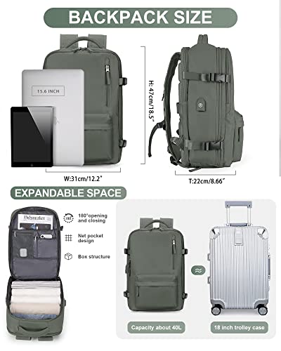 Carry On Backpack for Women, Large Travel Backpack Flight Approved, Waterproof 17 Inch Laptop Backpack Business Work Backpacks Men Mochila De Viaje, DarkGreen