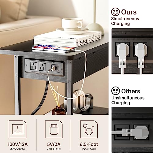 HOUIT End Table with Charging Station, Narrow Flip Top Side Table with USB Ports and Outlets, Nightstand with Storage for Small Spaces, Bedside Tables for Living Room, Bedroom - Black
