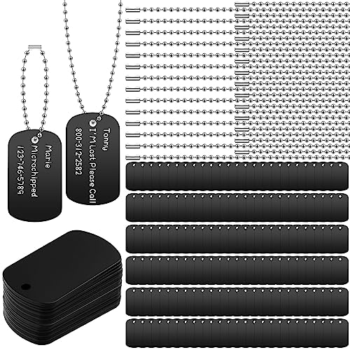 Military Dog Tags Set Blank Bulk Aluminum Blank Dog Tags Ball Steel Chain Rectangle Metal Stamping Tags for DIY Decorative Craft Pet Dog Identification Tags Supplies, Black(150 Sets)
