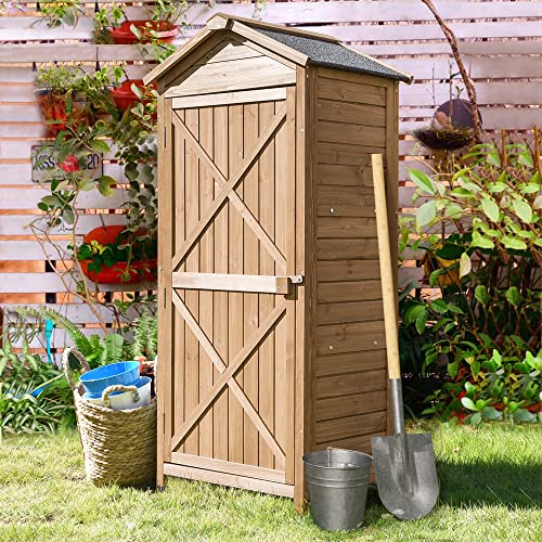 Outdoor Storage Cabinet, Wood Garden Shed with Detachable Shelves, Outside Tool Shed, Vertical Organizer Cabinet with Lockable Doors for Outside, Storage Sheds for Garden and Yard (Brown)