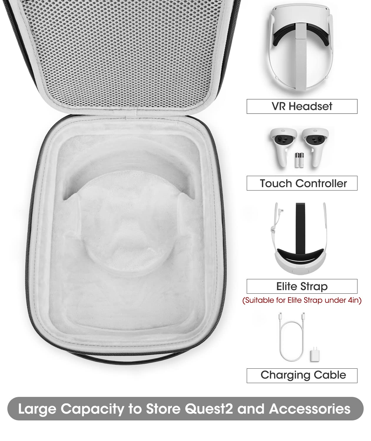 Carrying Case for Oculus Quest 2, Travel Hard Case for Meta Quest 2 Accessories, Fits Official Elite Strap, VR Headset, Touch Controllers, VR Goggles Case with Shoulder Strap Lens Pad Cleaning Kit