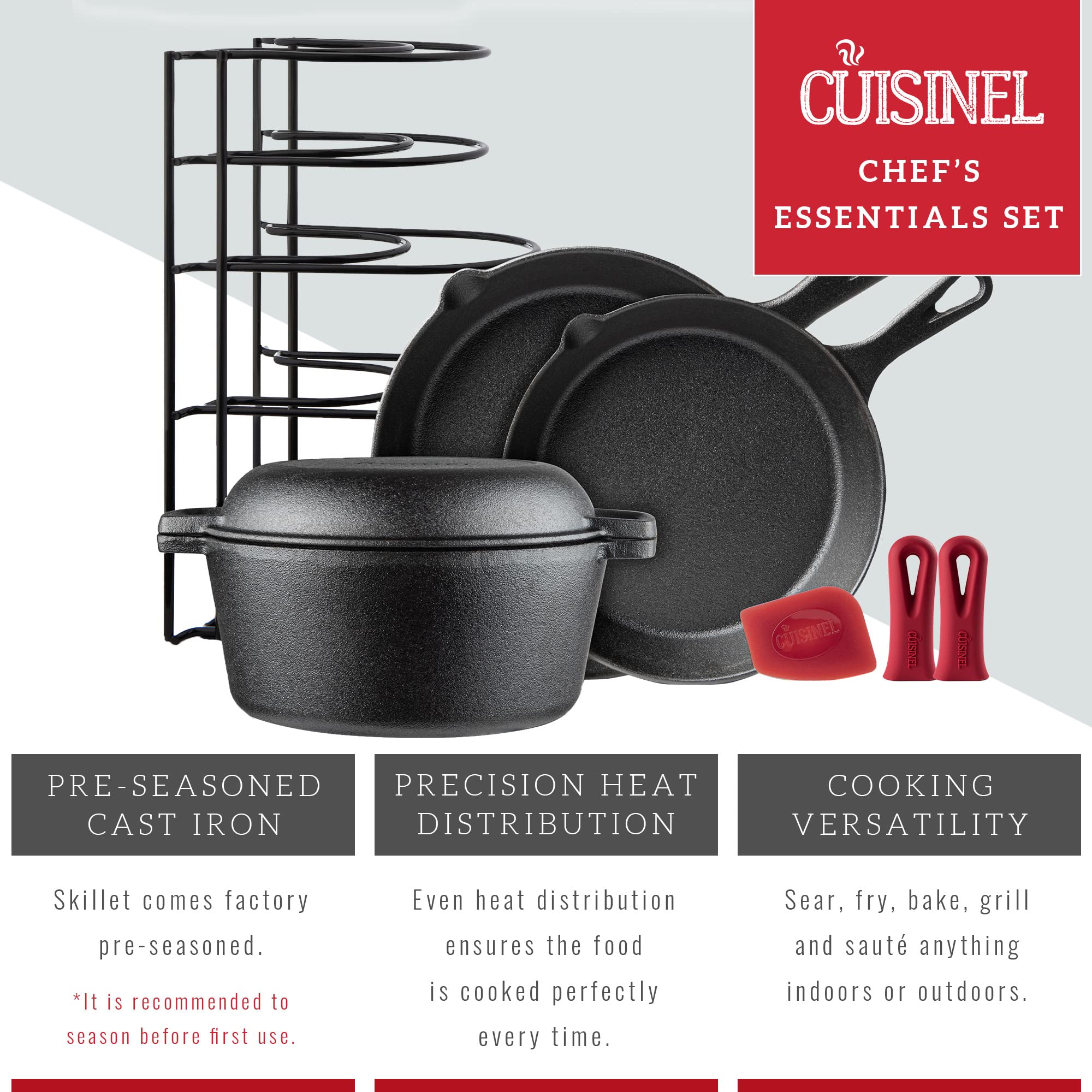 Cuisinel Cast Iron Skillets Set + Glass Lids - 8"+10"+12" Frying Pans + Pan Rack Organizer + Scraper + Silicone Grip Handle Holders - Pre-Seasoned Oven Kitchen Cookware Kit - Grill, Fire, Stovetop Use