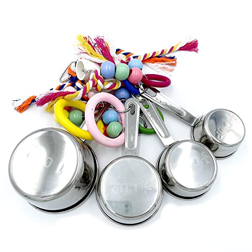 GILYGI Bird Parrots Pullable Stainless Steel Pots Toys, Bird Foraging Toys with Colorful Rope and Wooden Beads Rings for Small and Medium Parrot Bird