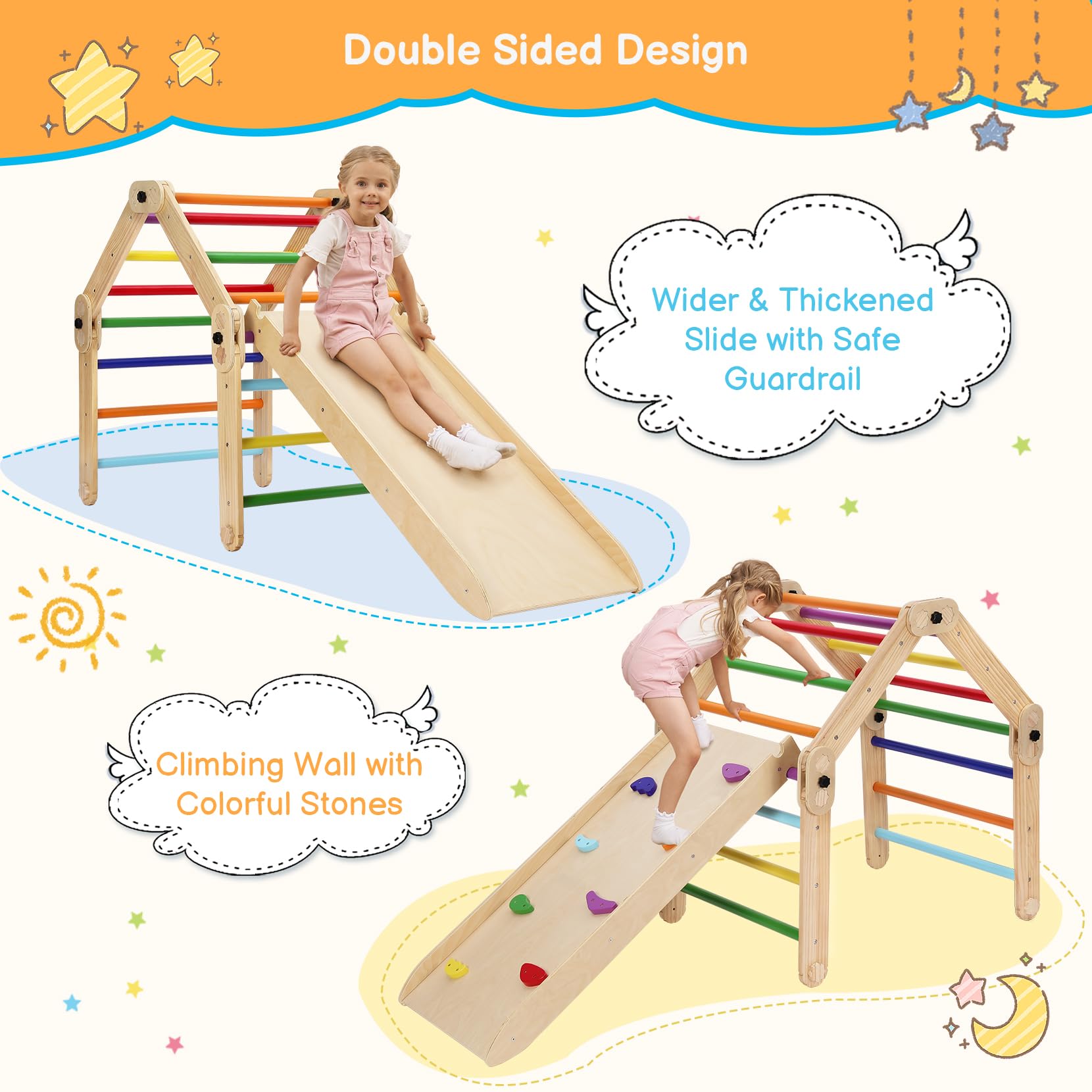 Dripex Pikler Triangle Set, Foldable 20-in-1 Climbing Triangle with Thickened 2-in-1 Ramp, Montessori Wooden Indoor Playground and Gym for Toddlers(Colorful)