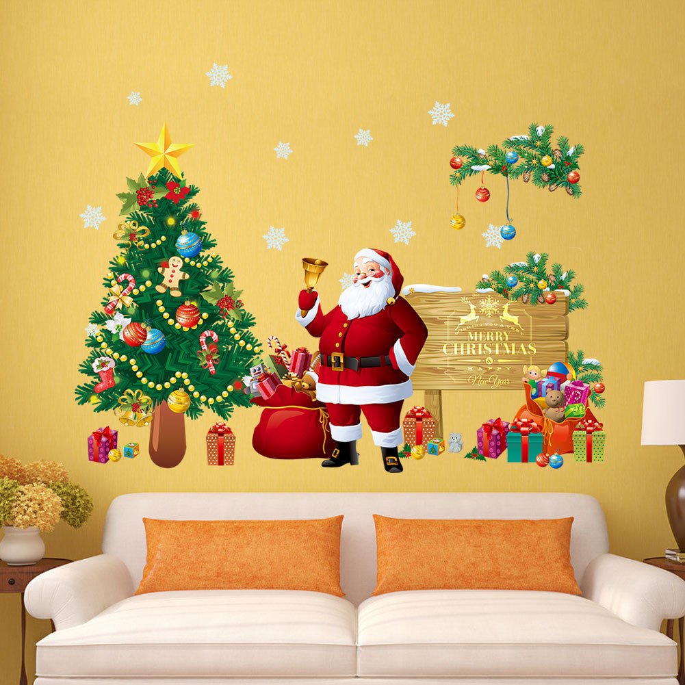 Christmas Windows Wall Stickers 30 x 90cm/11.8 x 35.4inch Santa Claus Christmas Tree Wall Decals Decoration Removable Wall Stickers Murals for DIY Xmas Home Decorations