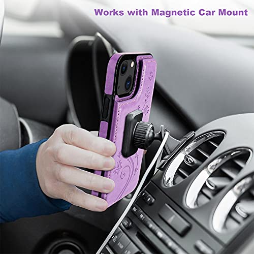 Vaburs Compatible with iPhone 13 Mini Case Wallet with Card Holder, Embossed Butterfly Pattern PU Leather Double Buttons Flip Shockproof Protective Cover for Magnetic Car Mount 5.4 Inch (Purple)
