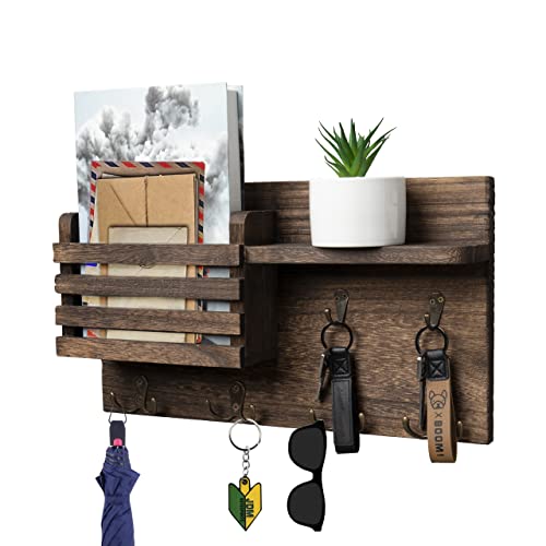 Innoshopp Key Holder for Wall Decorative Wooden Mail Organizer 4 Double Hook Hangers 2 Single Hooks with Floating Shelf Includes Mail Holder, Hooks for Coats and Keys, Home Décor Key Hanger