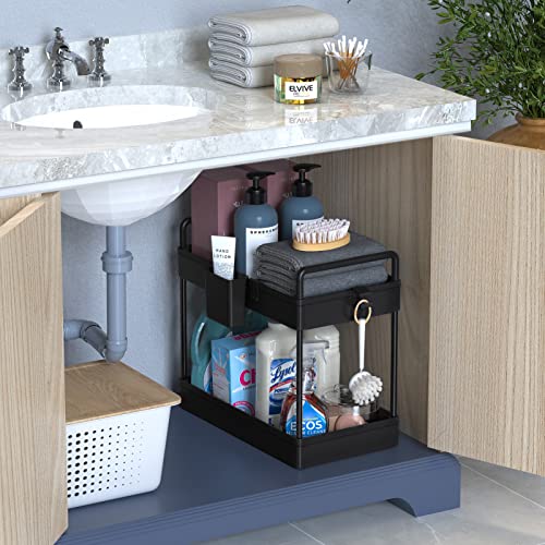 SOLEJAZZ Under Sink Organizer and Storage, 2 Tier Under Cabinet Basket Organizer, Multi-purpose Under Sink Storage Shelf for Bathroom Kitchen, Cabinet Storage with Hooks and Hanging Cups, Black,3 Pack