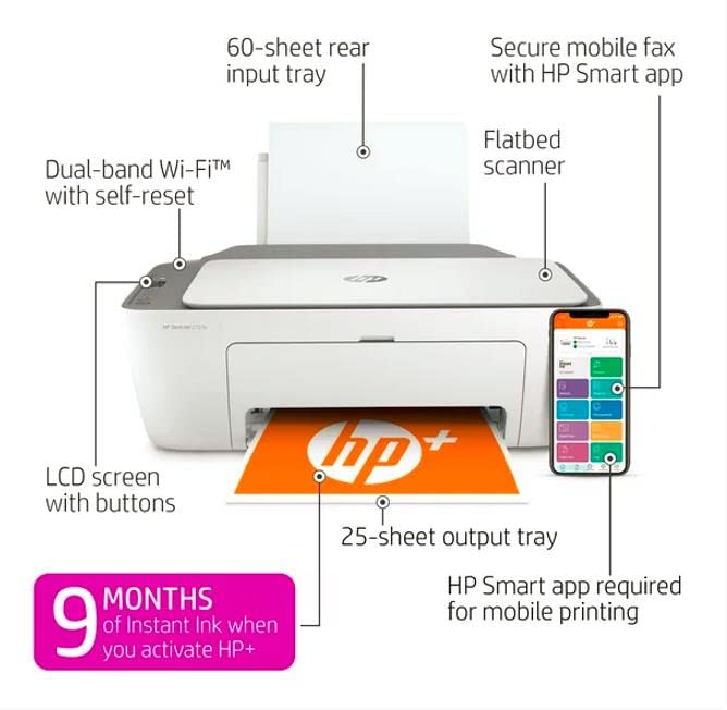HP DeskJet 2723e All-in-One Wireless Color Inkjet Printer,Print Scan Copy - LCD Display, 4800 x 1200 dpi, 9 Months Free Instant Ink WiFi, Bluetooth, W/Valinor Printer Cable