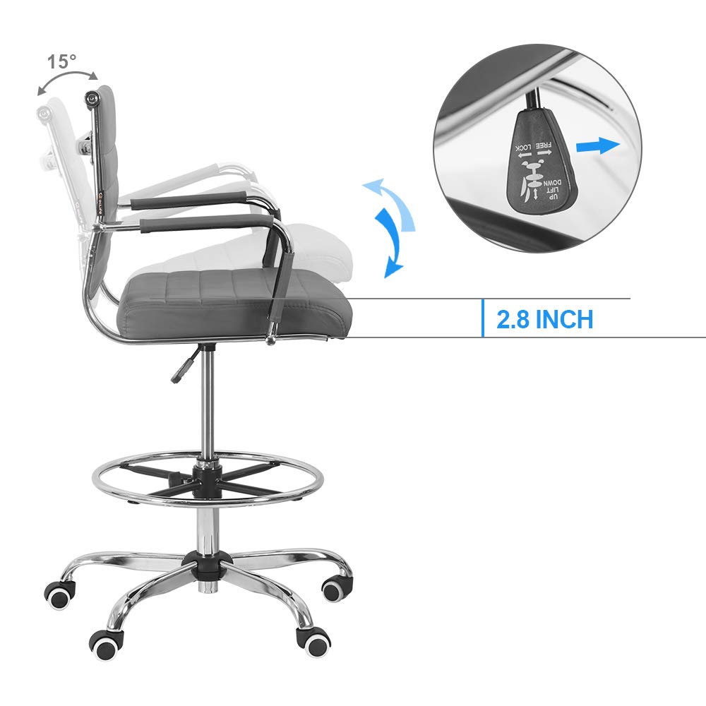 Drafting Chair Stool with Footring,Computer Chair with Arm PU Wrap,Footrest Height Adjustable,Padded Tall Ribbed,Back Support ,Swivel Rolling,Footrest,Office Chair Swivel Computer Task Chair (Grey)