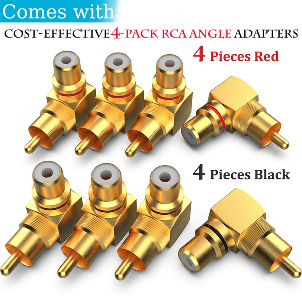 Warmstor RCA Right Angle Adapter, Gold-Plated 8-Pack 90 Degree Metal RCA Male to RCA Female Connector Adapter (4 Black + 4 Red)